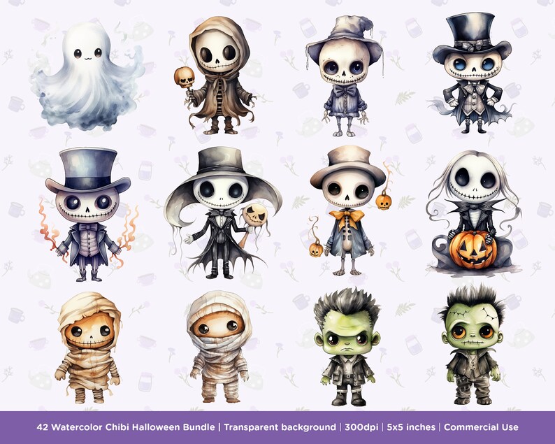 42 Watercolor Chibi Halloween Clipart - Jack-o-lantern, Witch, Ghost ...
