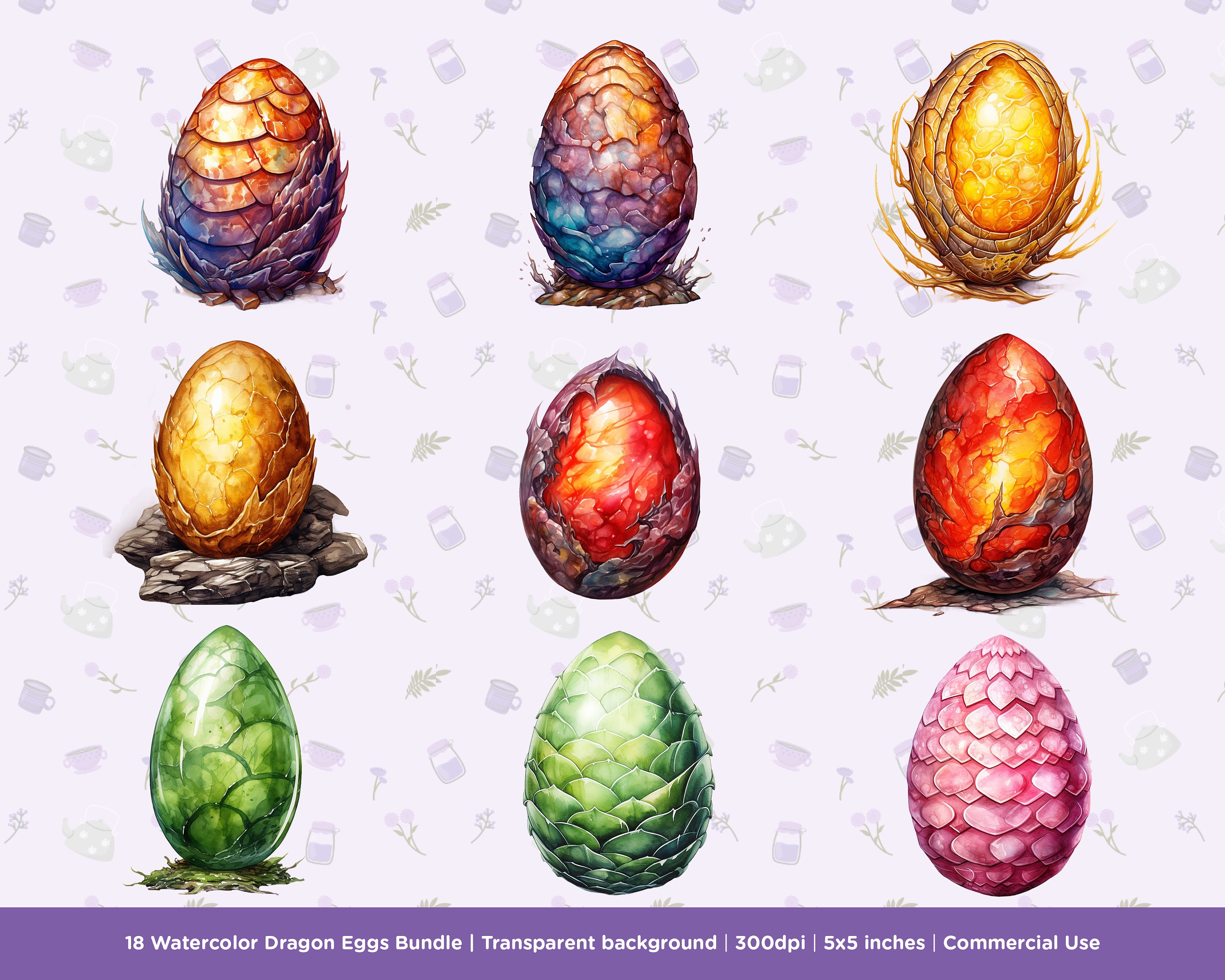 18 Watercolor Dragon Eggs Clipart Celestial, Elemental, Magicka ...