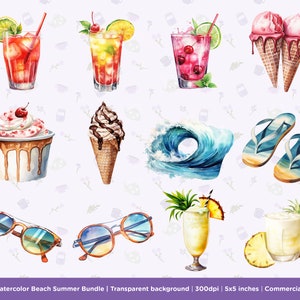 42 Watercolor Beach Summer Clipart - Ice Cream, Cocktails, Surfing ...