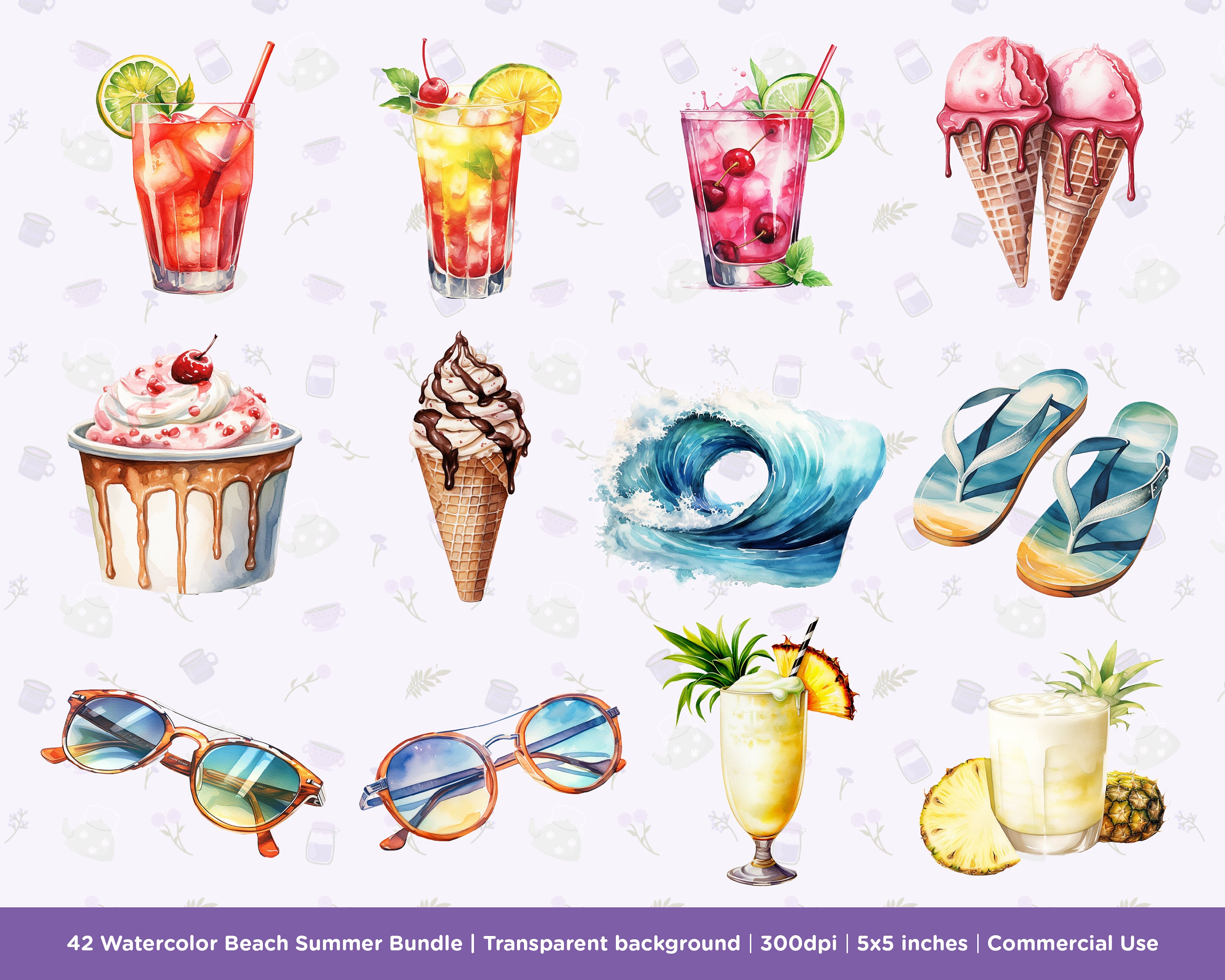 42 Watercolor Beach Summer Clipart - Ice Cream, Cocktails, Surfing ...