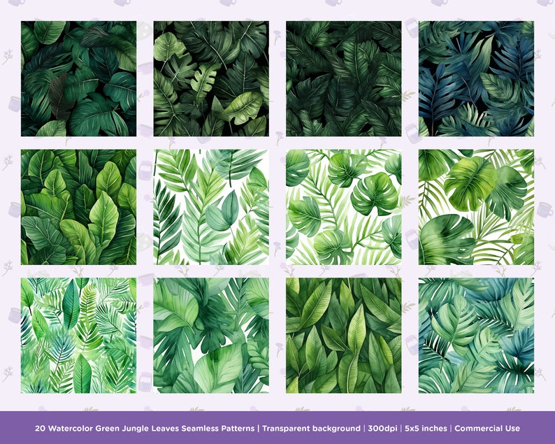 20 Watercolor Green Jungle Leaves Seamless Patterns - Jungle, Safari ...