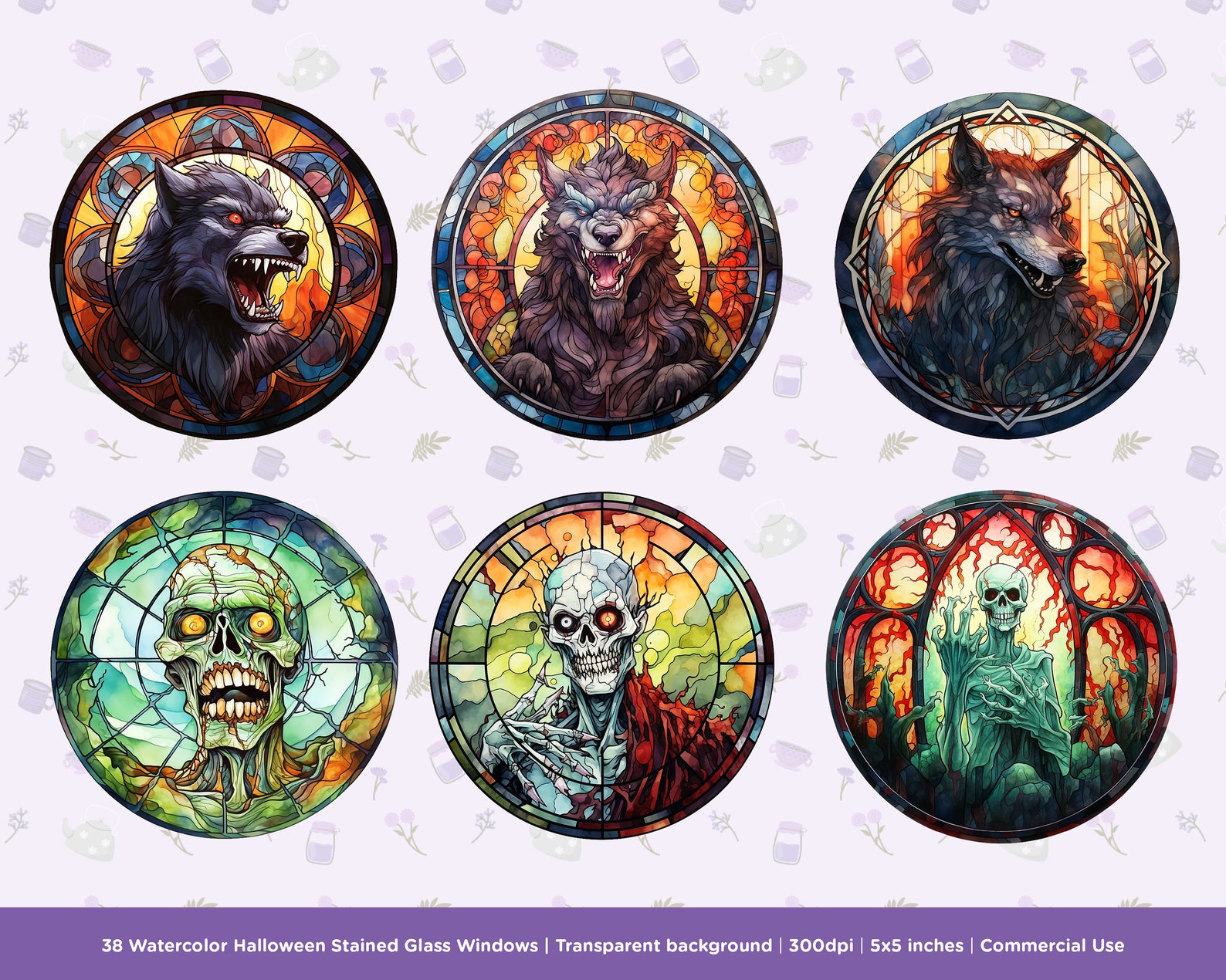 38 Watercolor Halloween Stained Glass Windows Clipart - Werewolf ...
