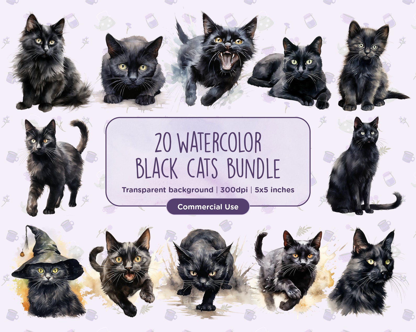 20 Watercolor Gothic Black Cats Clipart - Bombay Cat, Goth, Witches ...