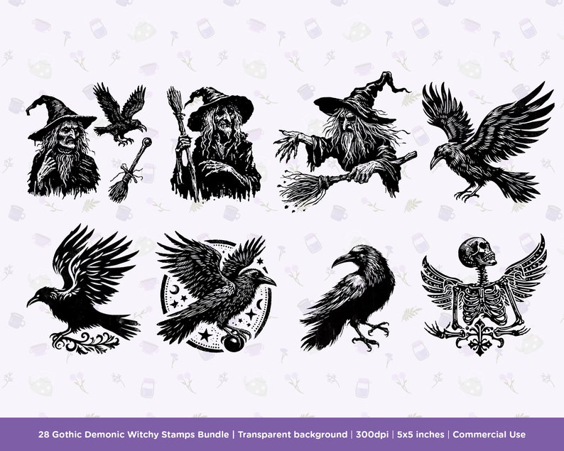28 Black and White Gothic Witchy Stamps - Goth, Skeletons, Halloween ...