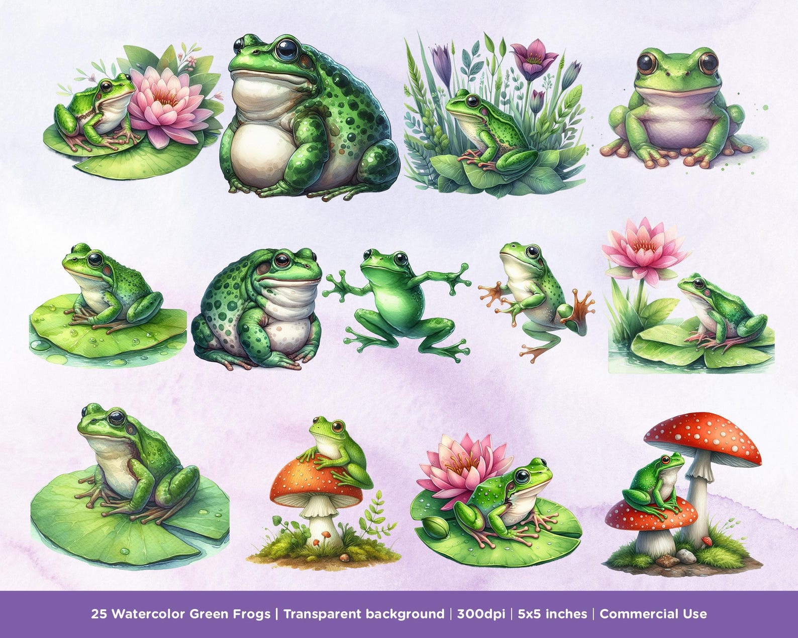 25 Watercolor Green Frogs Clipart - Pond, Lilypad, Whimsical ...