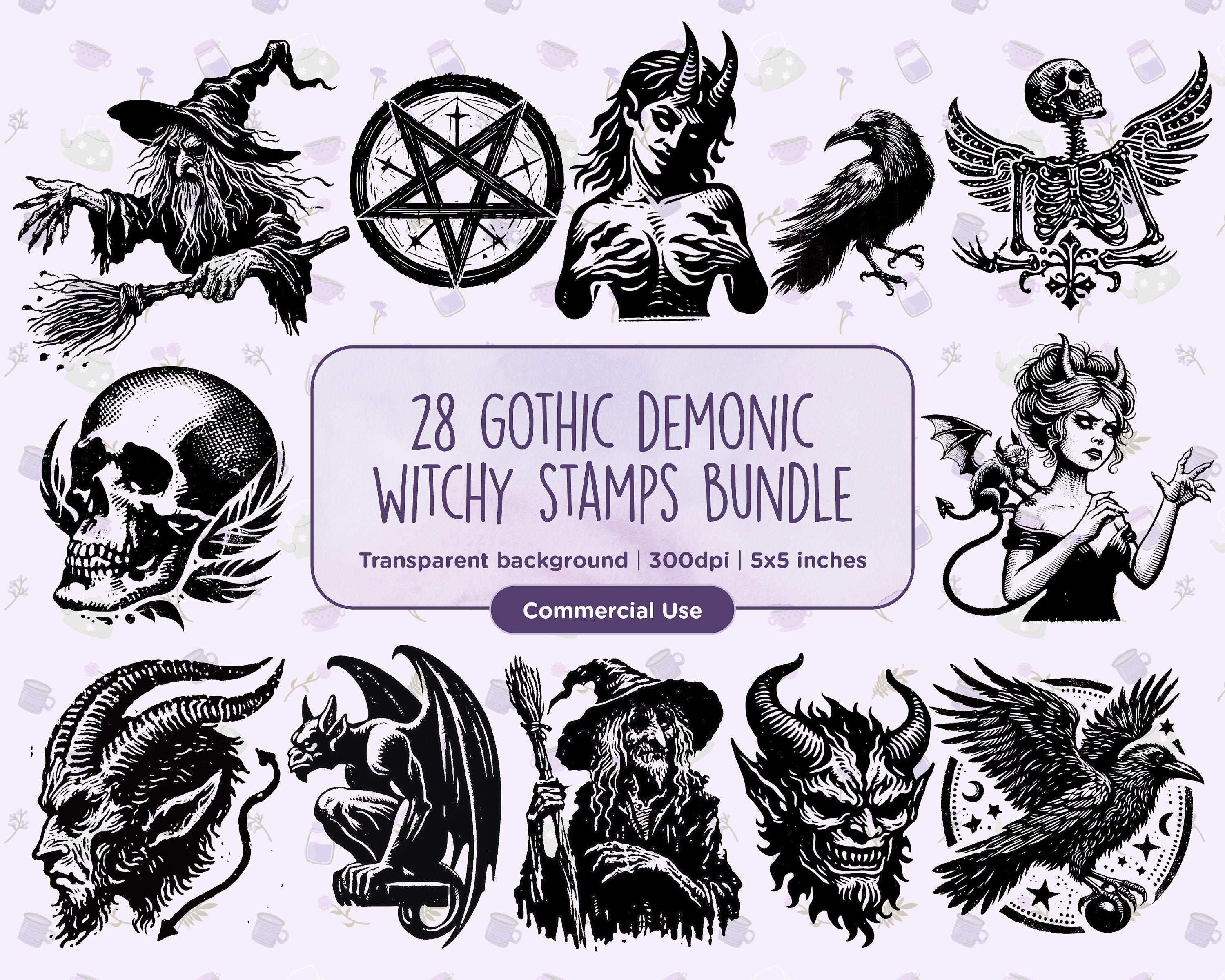 28 Black and White Gothic Witchy Stamps - Goth, Skeletons, Halloween ...
