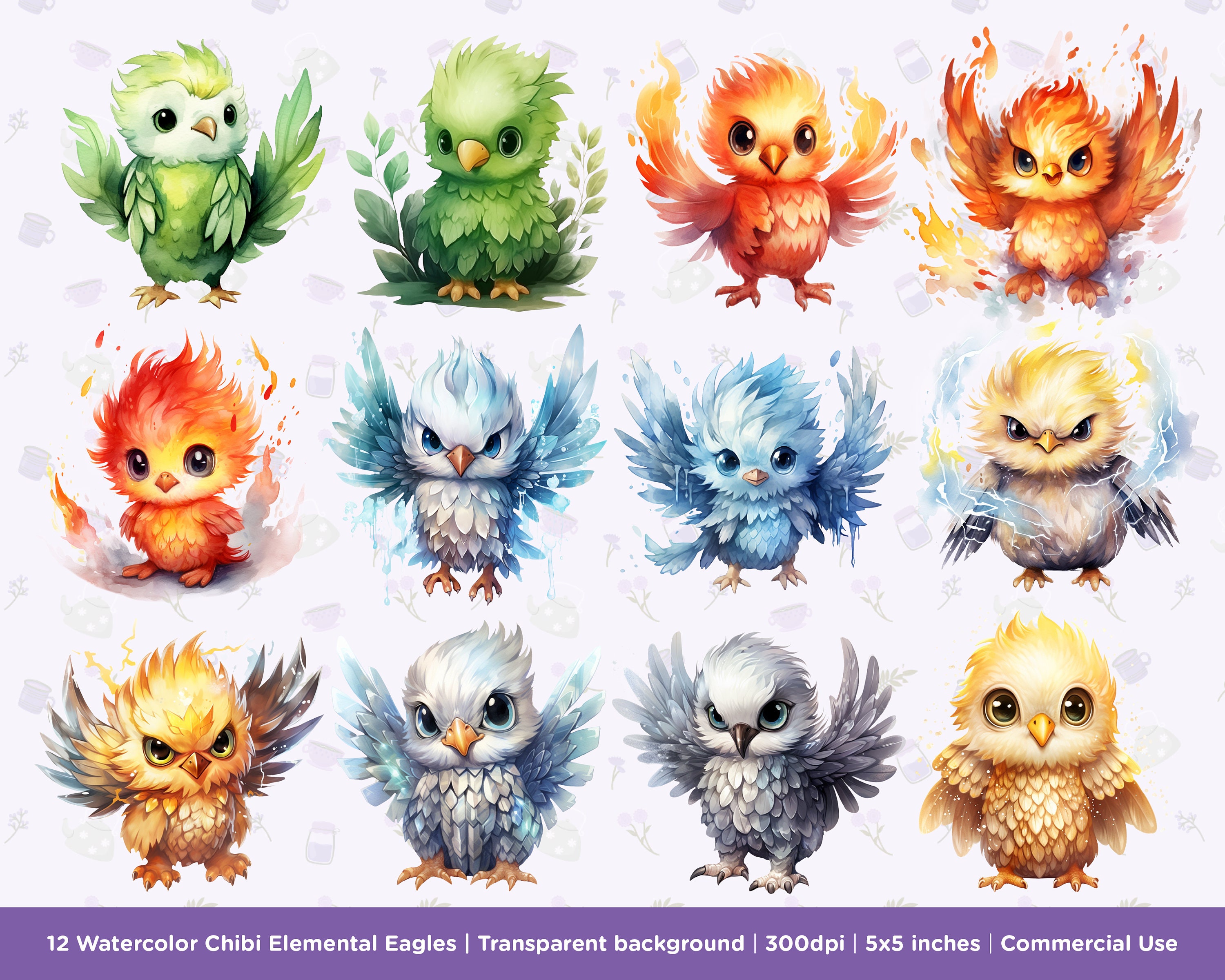 12 Watercolor Illustrated Chibi Elemental Eagles Clipart - Ice, Fire ...