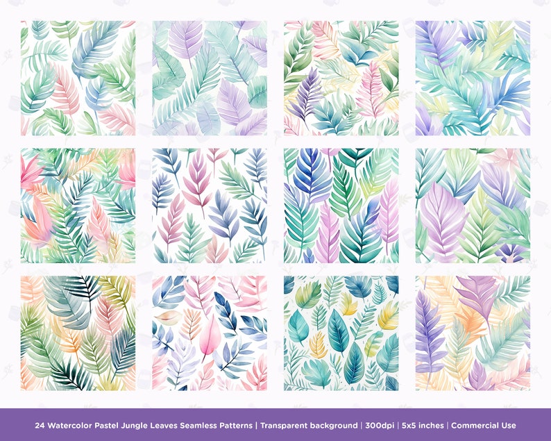24 Watercolor Pastel Jungle Leaves Seamless Patterns - Kids, Safari ...