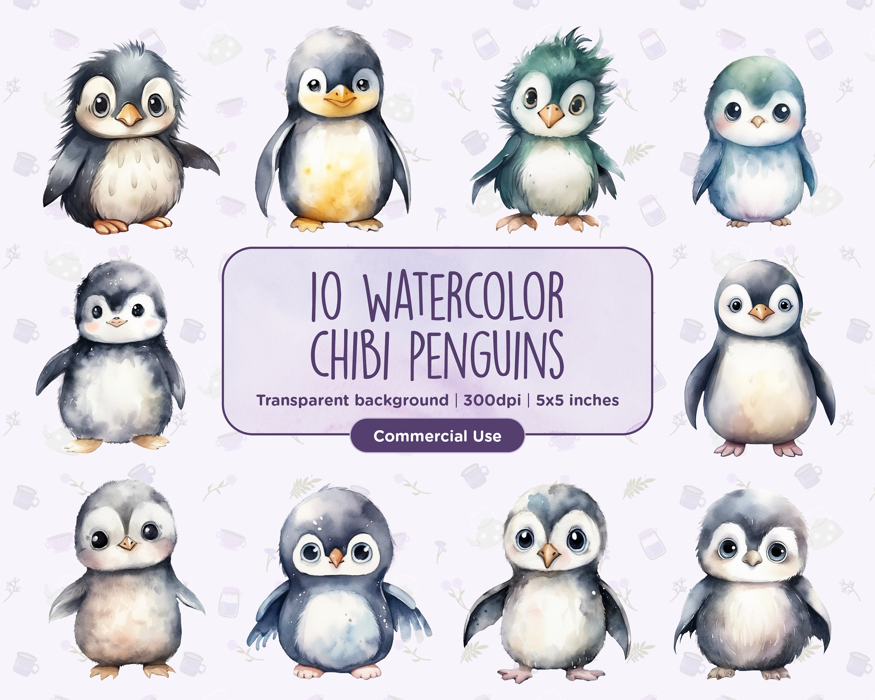 10 Watercolor Chibi Penguins Clipart - Cute, Chibi, Childrens Book ...