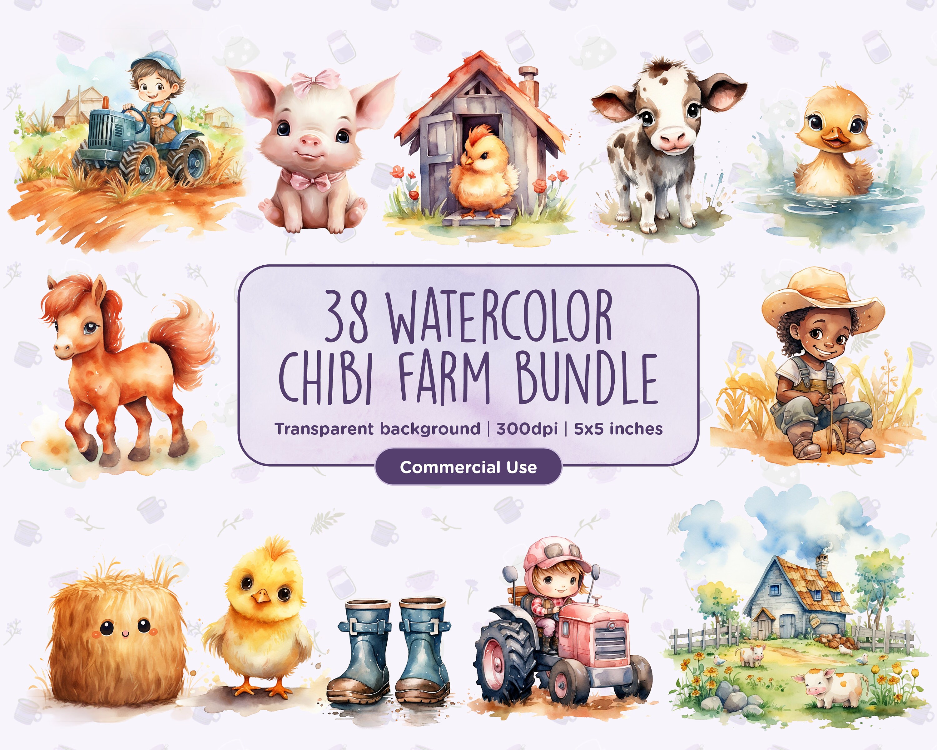 38 Watercolor Chibi Cute Adorable Farm Clipart - Farm Animals, Cows ...