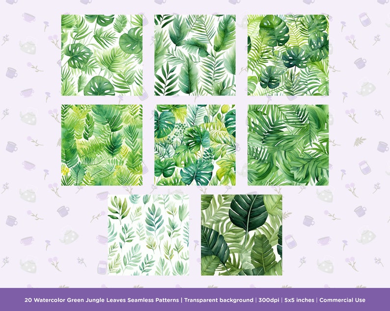 20 Watercolor Green Jungle Leaves Seamless Patterns - Jungle, Safari ...