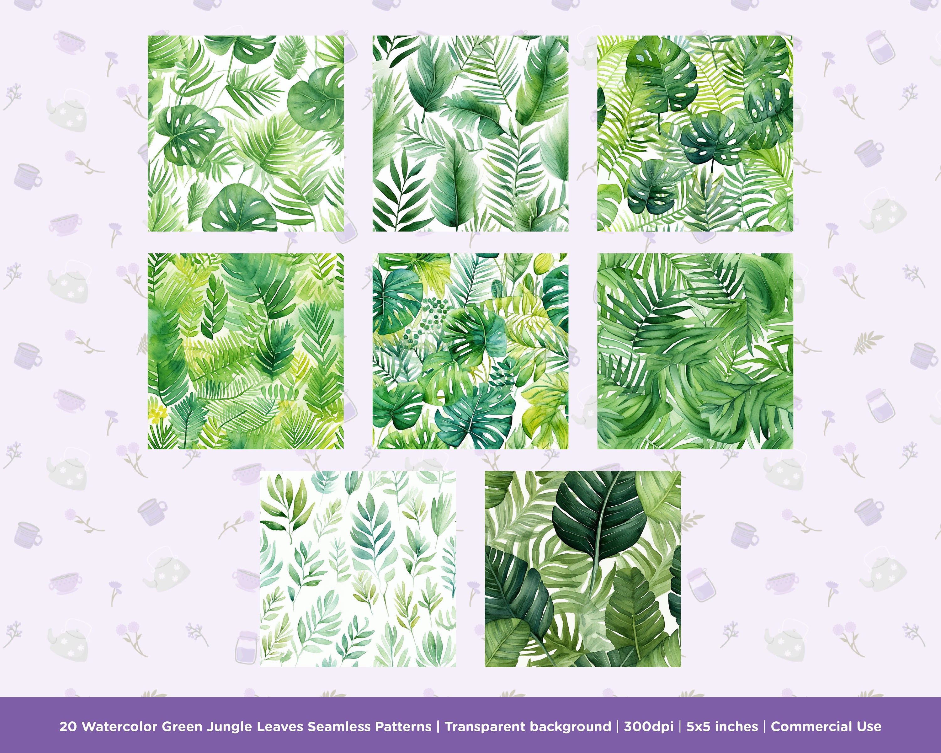 20 Watercolor Green Jungle Leaves Seamless Patterns - Jungle, Safari ...