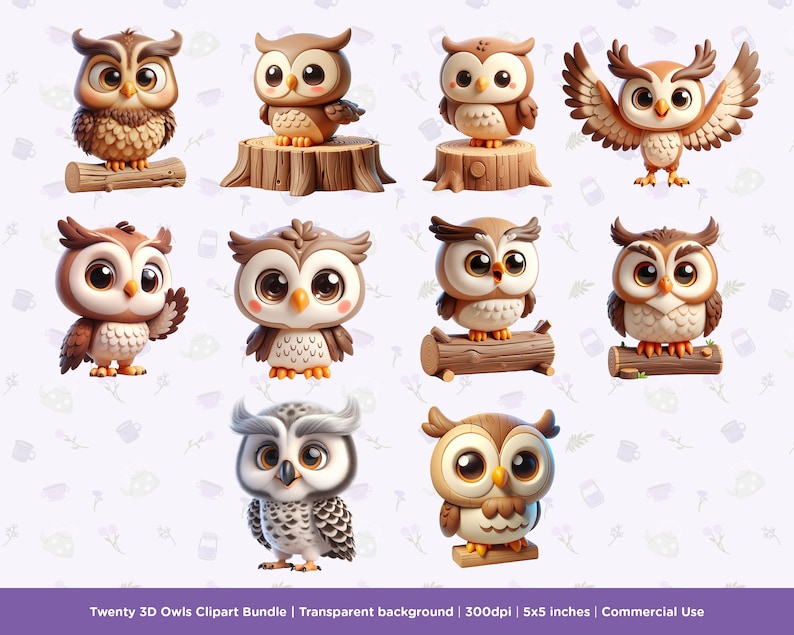20 3D Owls Clipart - Cute, Cartoon Characters, Woodland Owls, Tawny Owl ...
