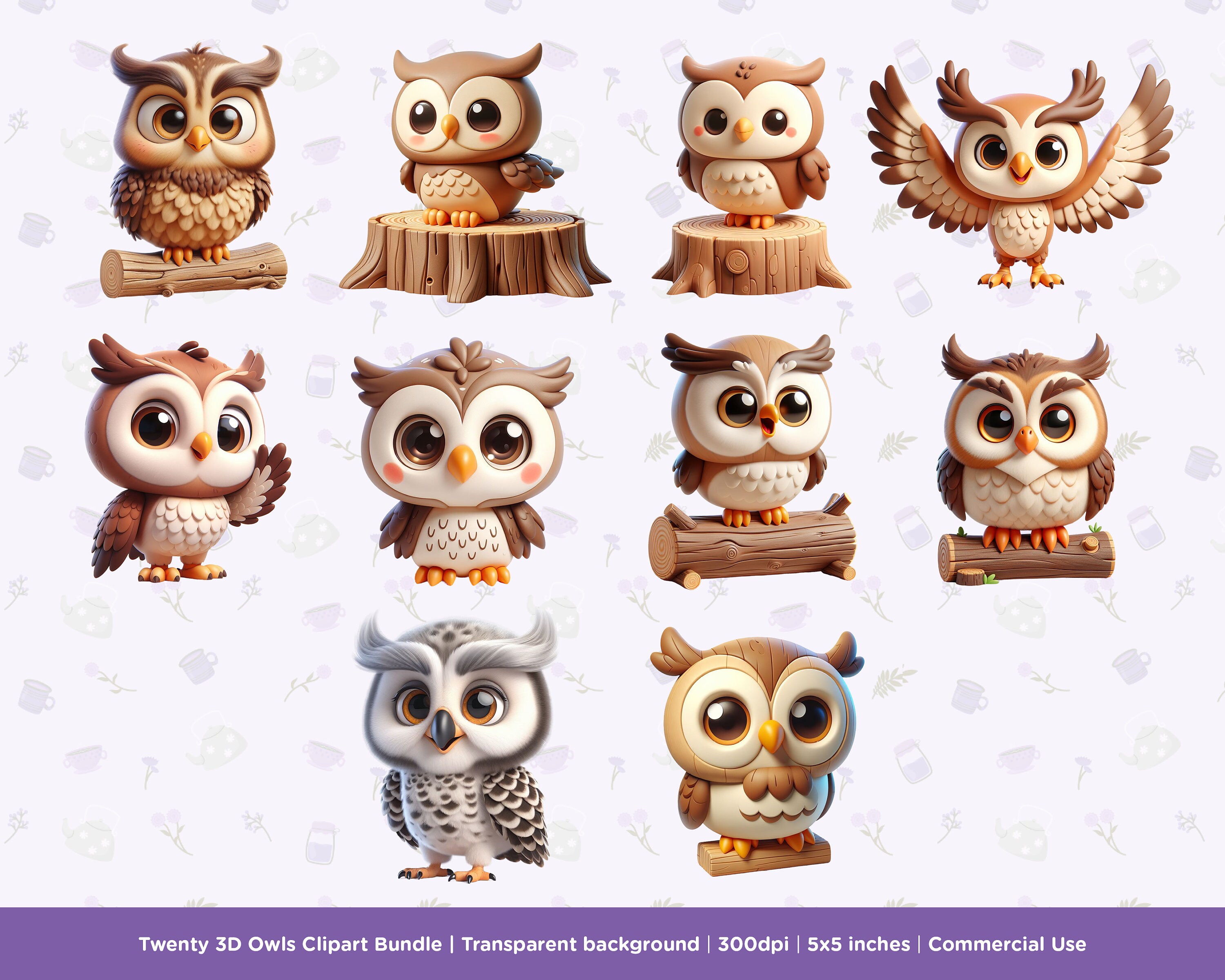 20 3D Owls Clipart - Cute, Cartoon Characters, Woodland Owls, Tawny Owl, Clip Art, Scrapbooking ...