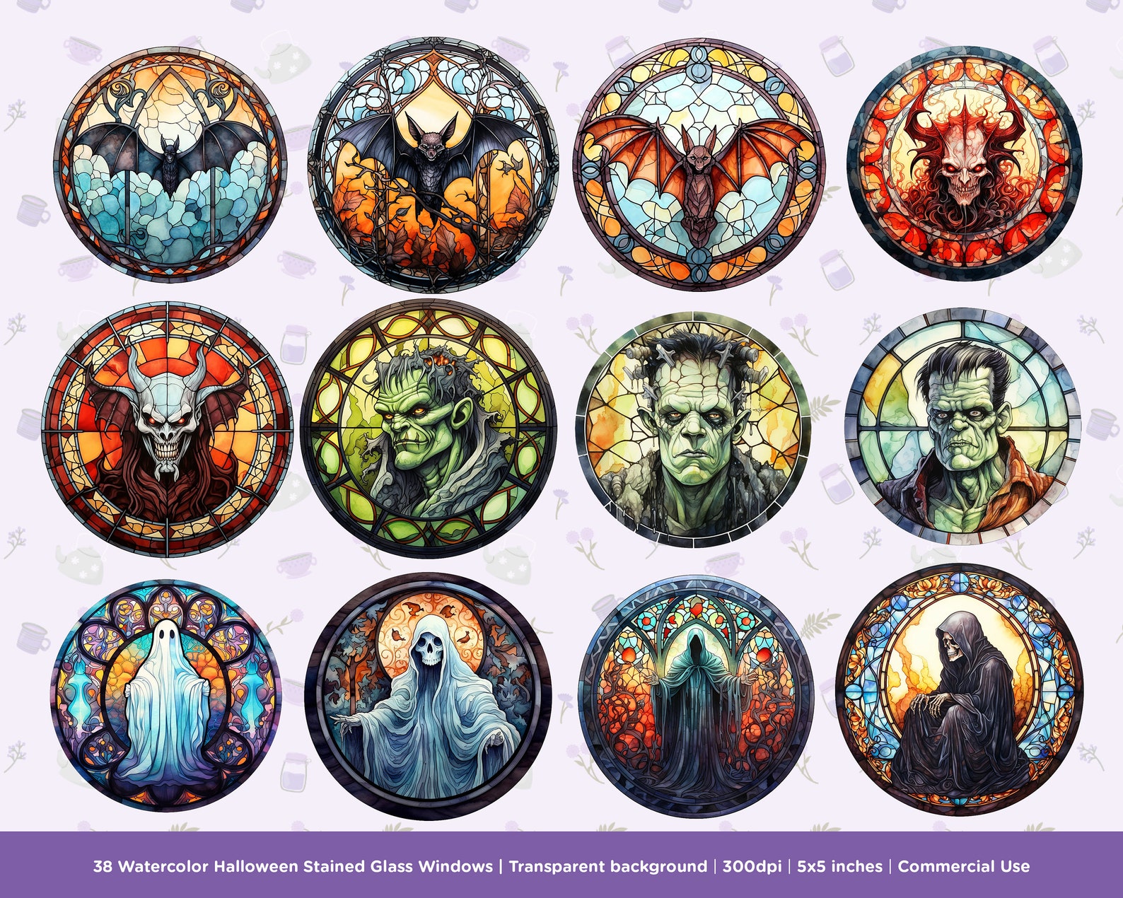 38 Watercolor Halloween Stained Glass Windows Clipart - Werewolf ...