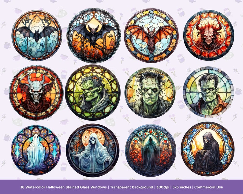 38 Watercolor Halloween Stained Glass Windows Clipart - Werewolf ...