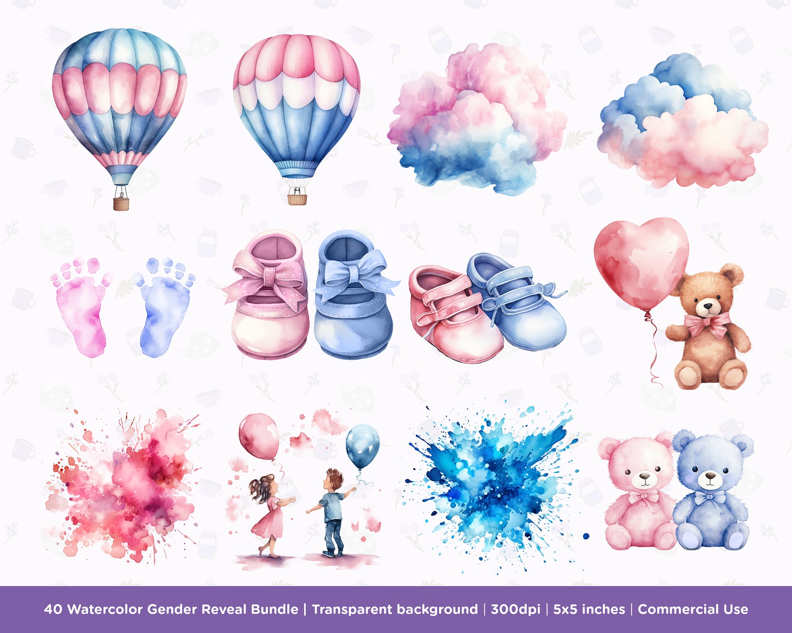 40 Watercolor Gender Reveal Bundle Clipart, Baby Nursery Decor, Baby ...