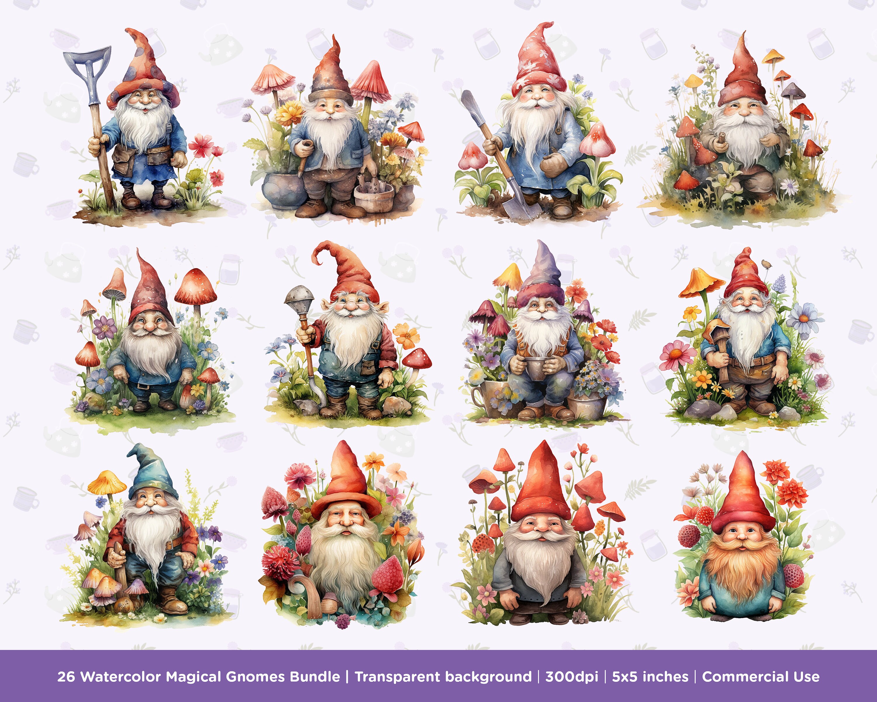 26 Watercolor Gnomes Clipart Fantasy, Floral, Medieval, Fairy Tales ...