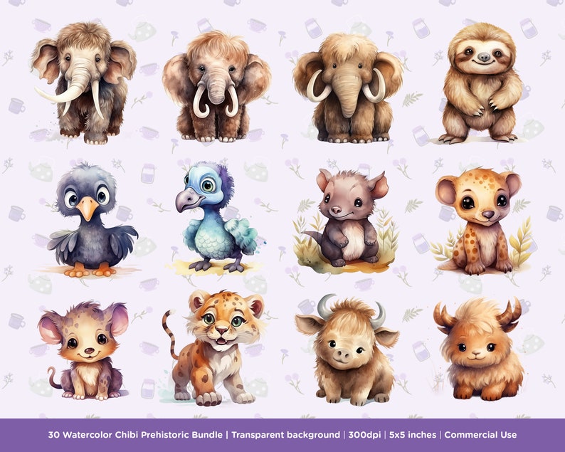 30 Watercolor Chibi Cute Prehistoric Clipart Caveman, Cavewoman, Woolly ...