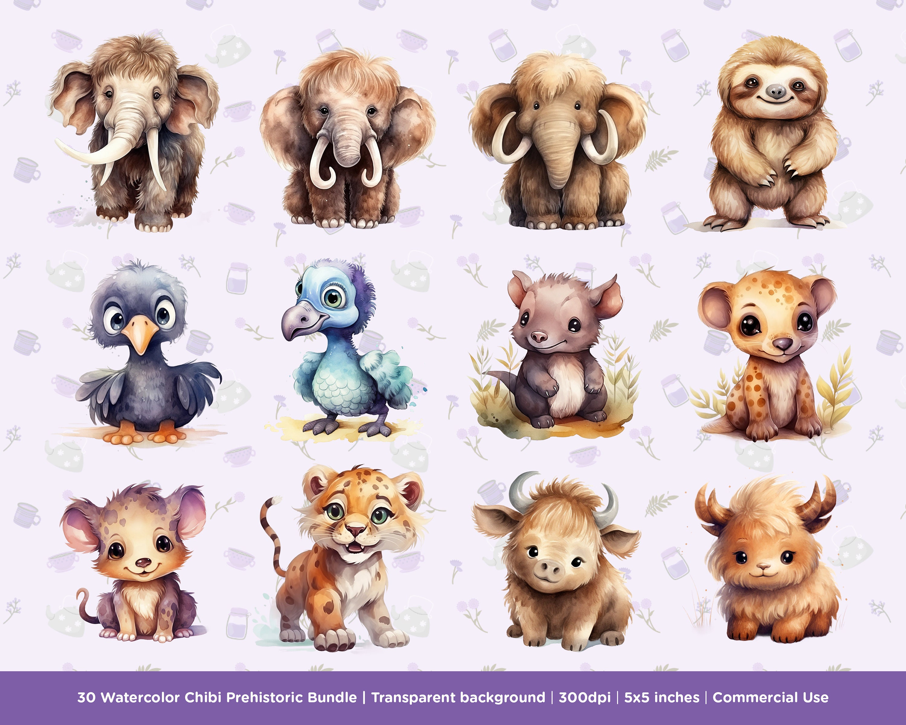 30 Watercolor Chibi Cute Prehistoric Clipart - Caveman, Cavewoman ...