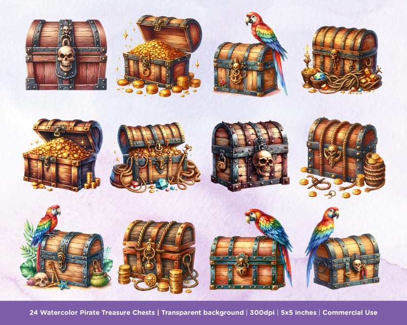24 Watercolor Pirate Treasure Chests Clipart - Gems, Diamonds ...