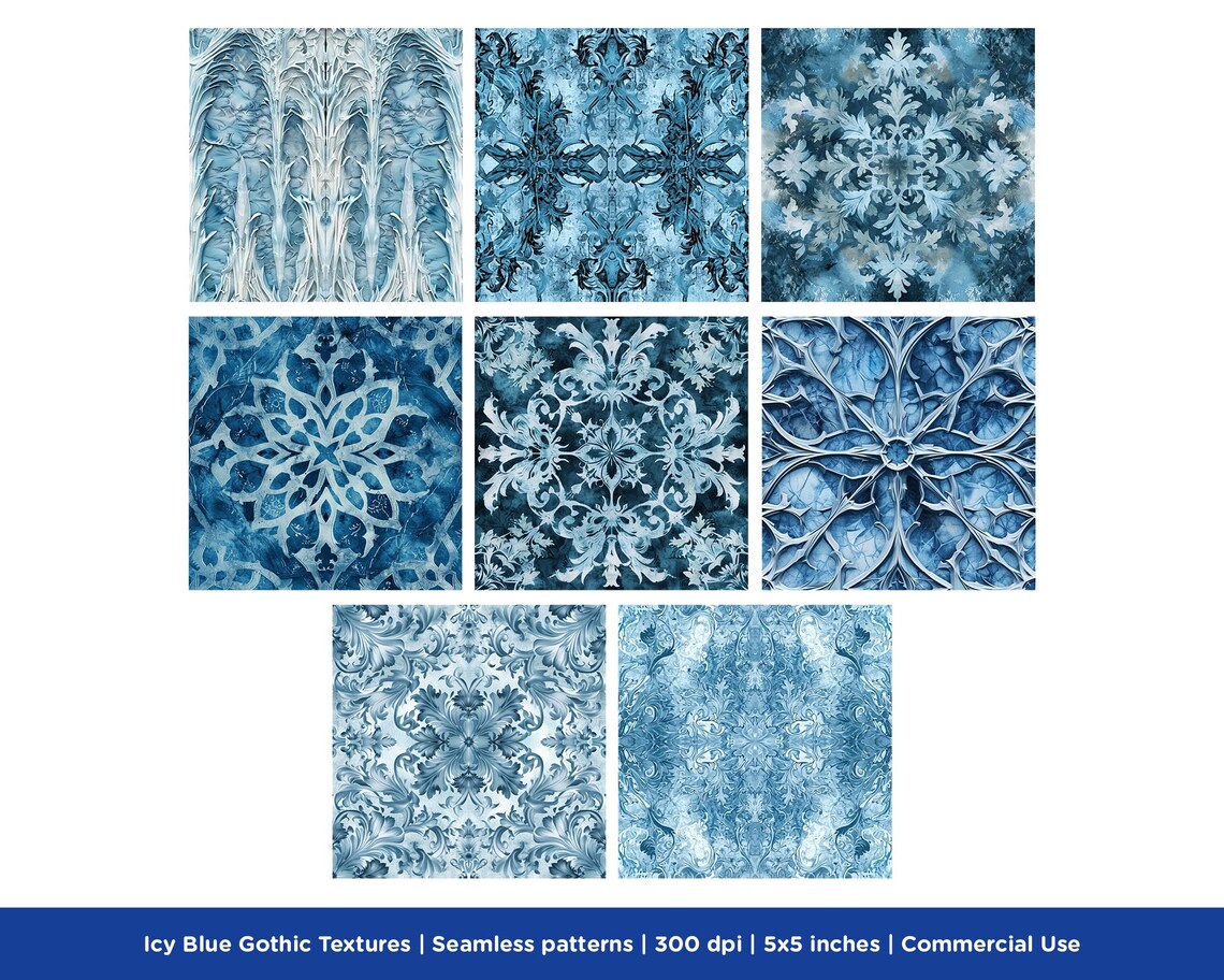 16 Icy Blue Gothic Textures, Seamless Patterns - Cold, Winter, Ice Blue ...