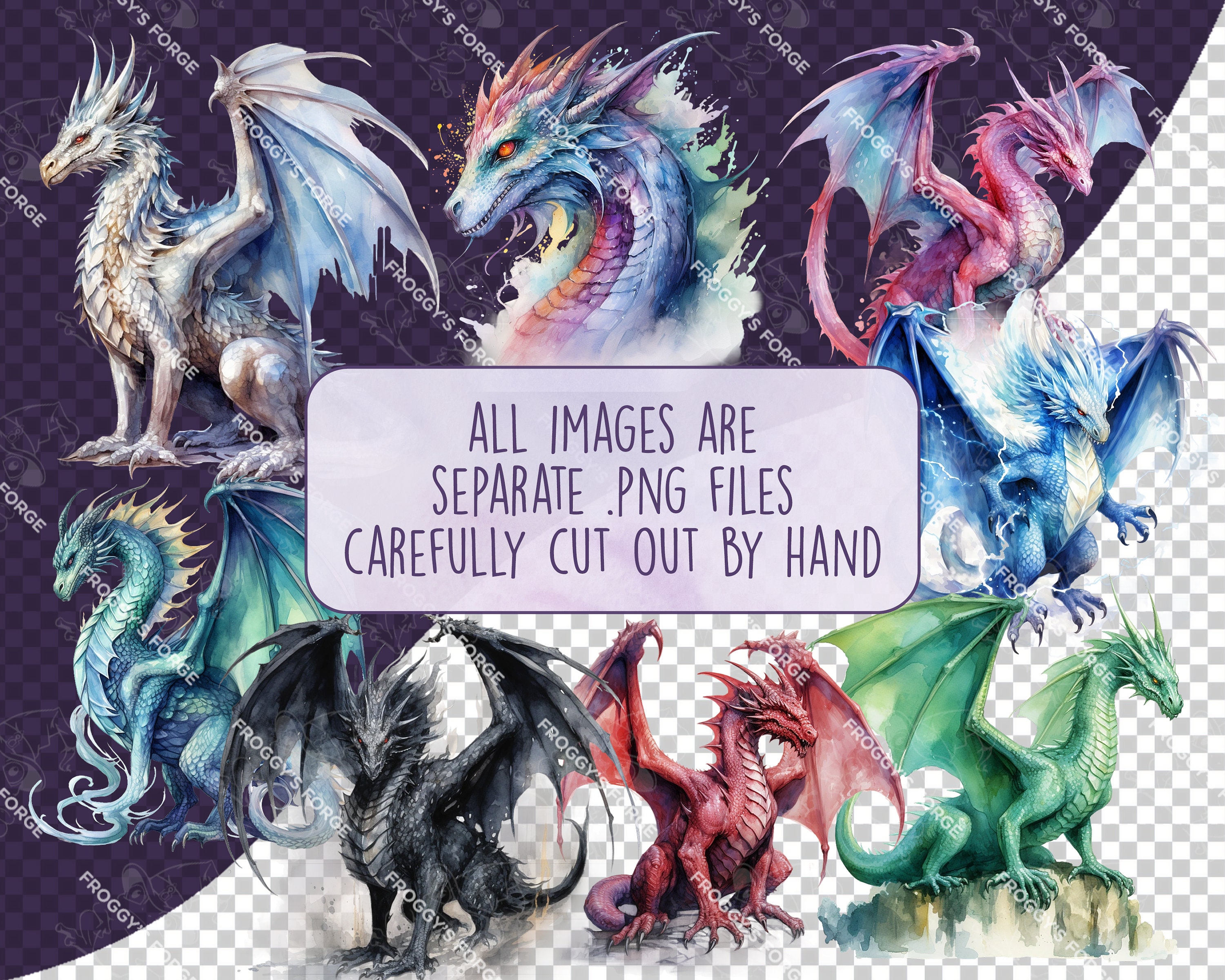 32 Watercolor Fantasy Dragons Clipart - Magical, Medieval, Fairy Tales ...
