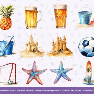 42 Watercolor Beach Summer Clipart - Ice Cream, Cocktails, Surfing ...