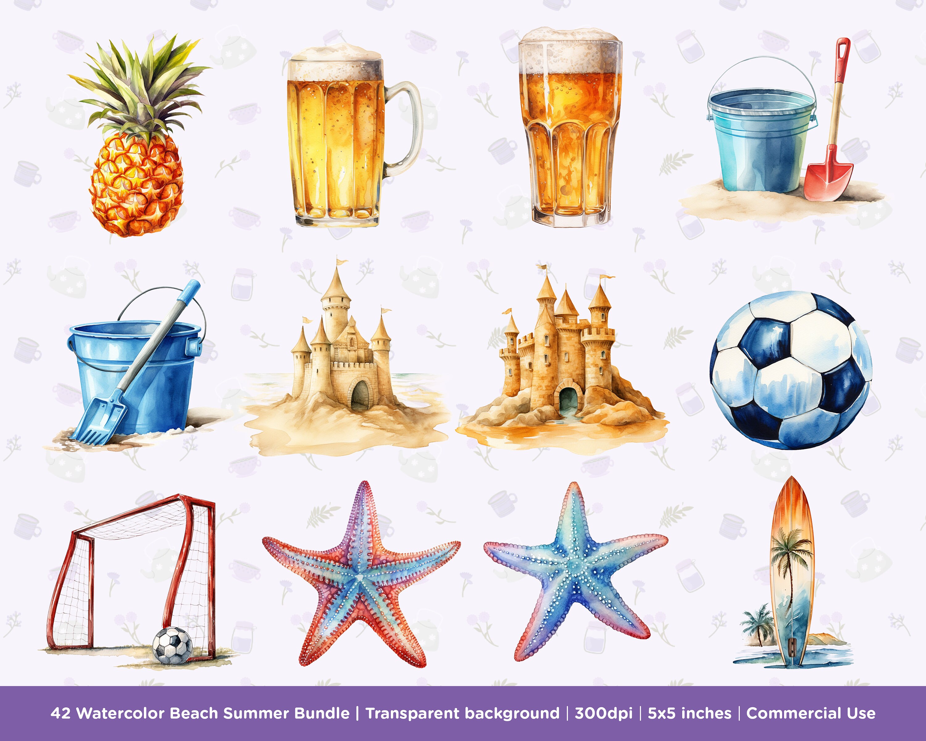 42 Watercolor Beach Summer Clipart - Ice Cream, Cocktails, Surfing ...
