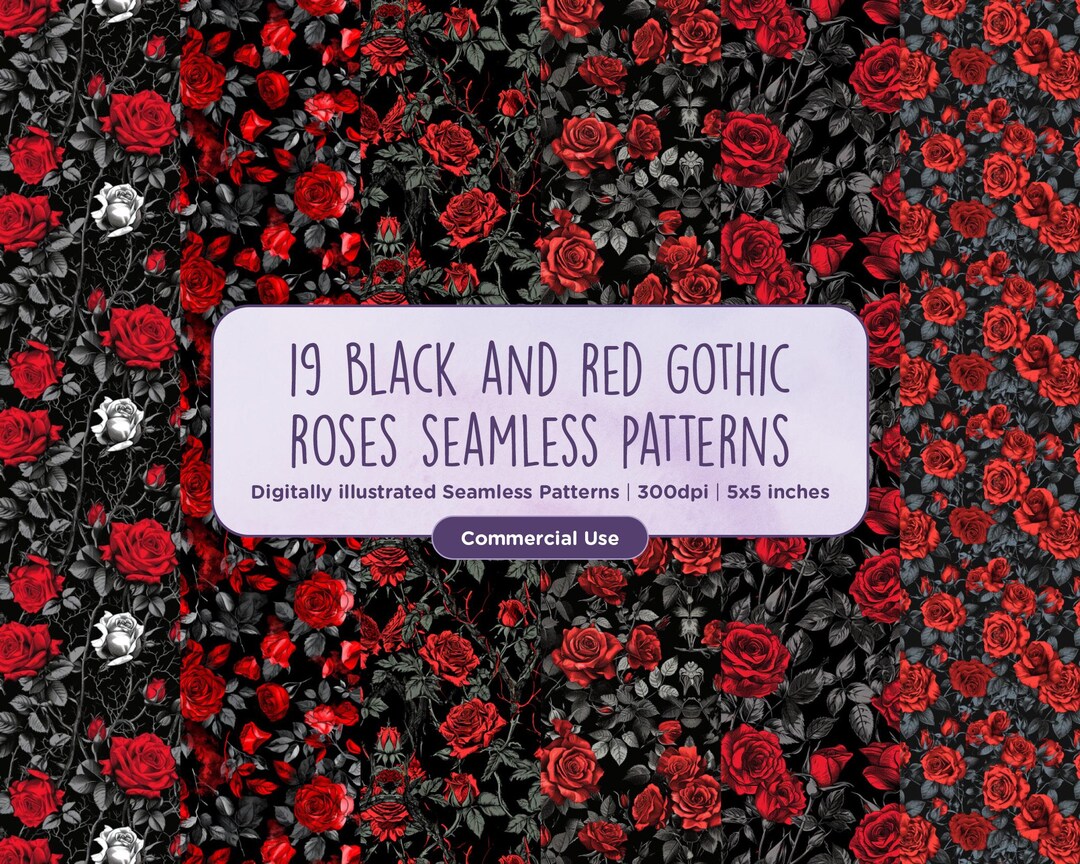 22 Watercolor Black and Red Gothic Roses Seamless Patterns - Goth ...