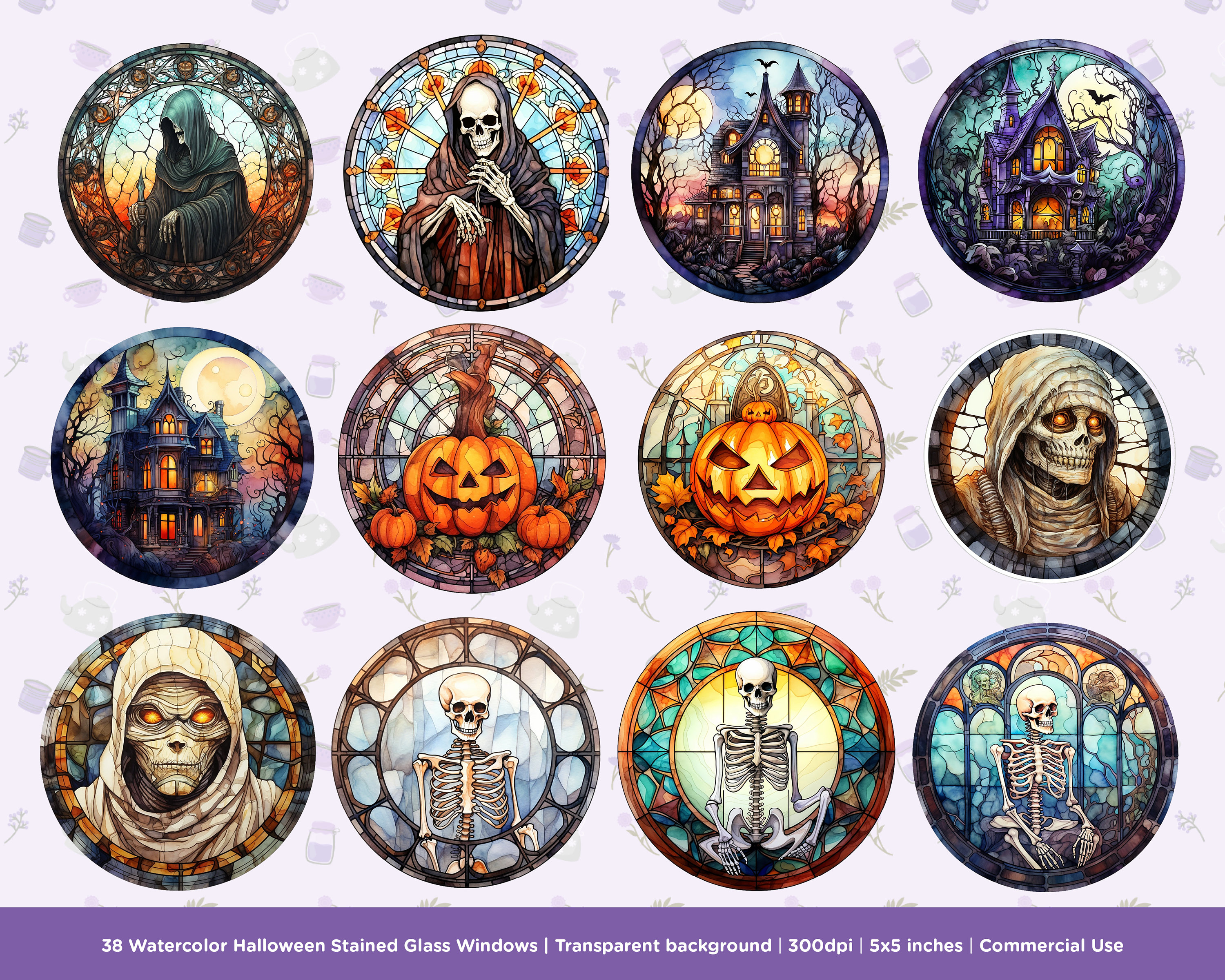 38 Watercolor Halloween Stained Glass Windows Clipart - Werewolf ...
