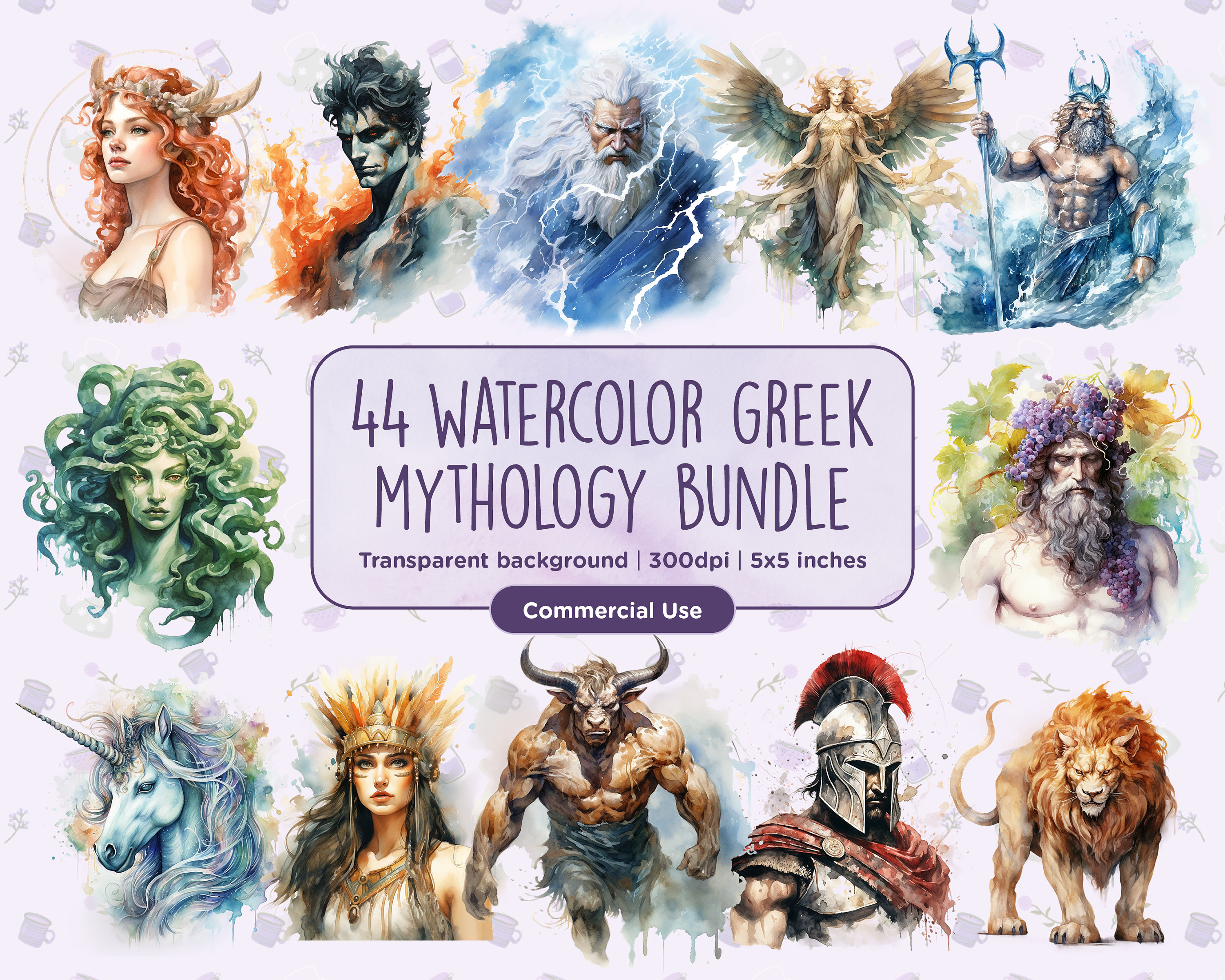 44 Watercolor Greek Mythology Clipart - Zeus, Gods, Poseidon, Hades ...