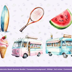 42 Watercolor Beach Summer Clipart - Ice Cream, Cocktails, Surfing ...