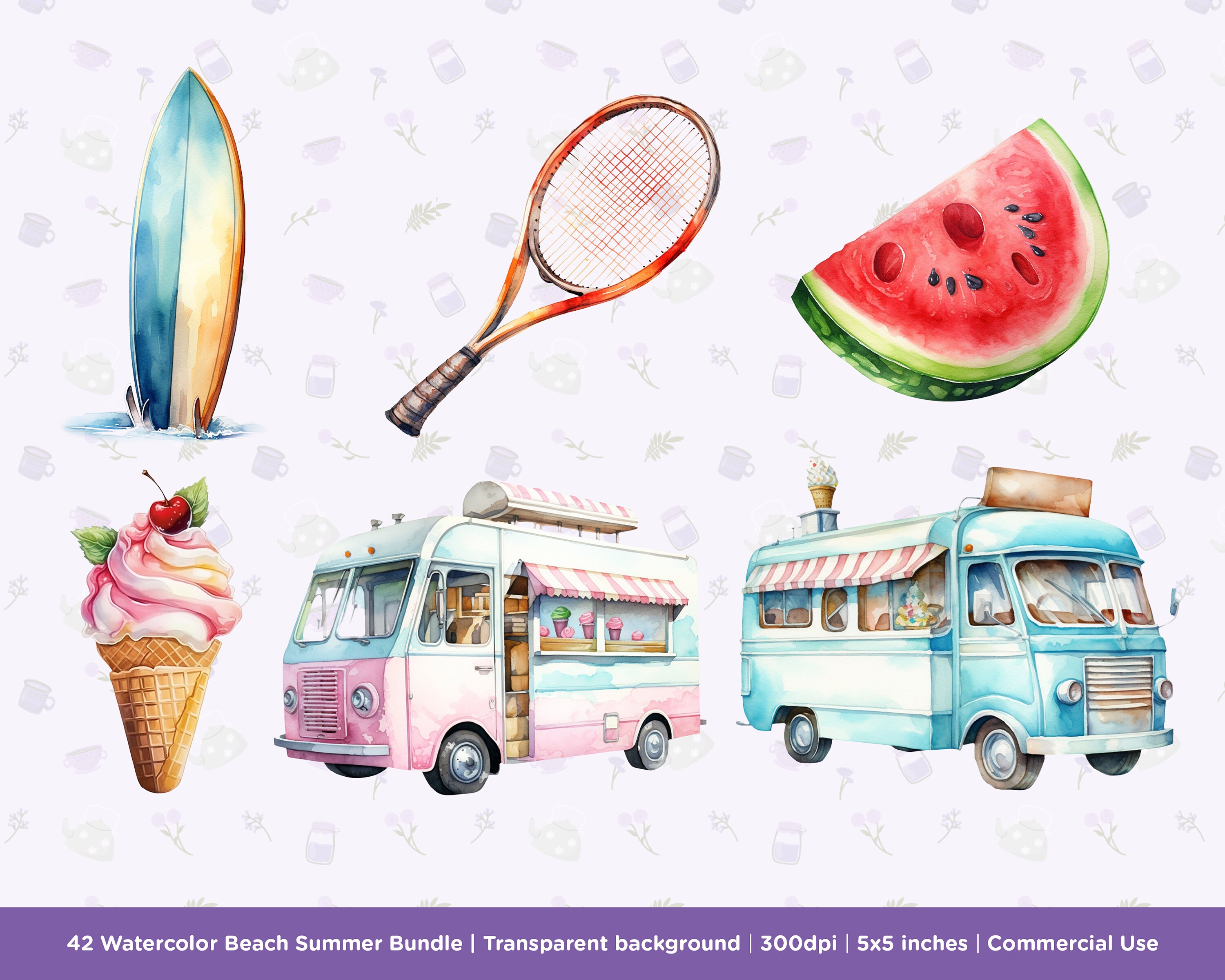 42 Watercolor Beach Summer Clipart - Ice Cream, Cocktails, Surfing ...