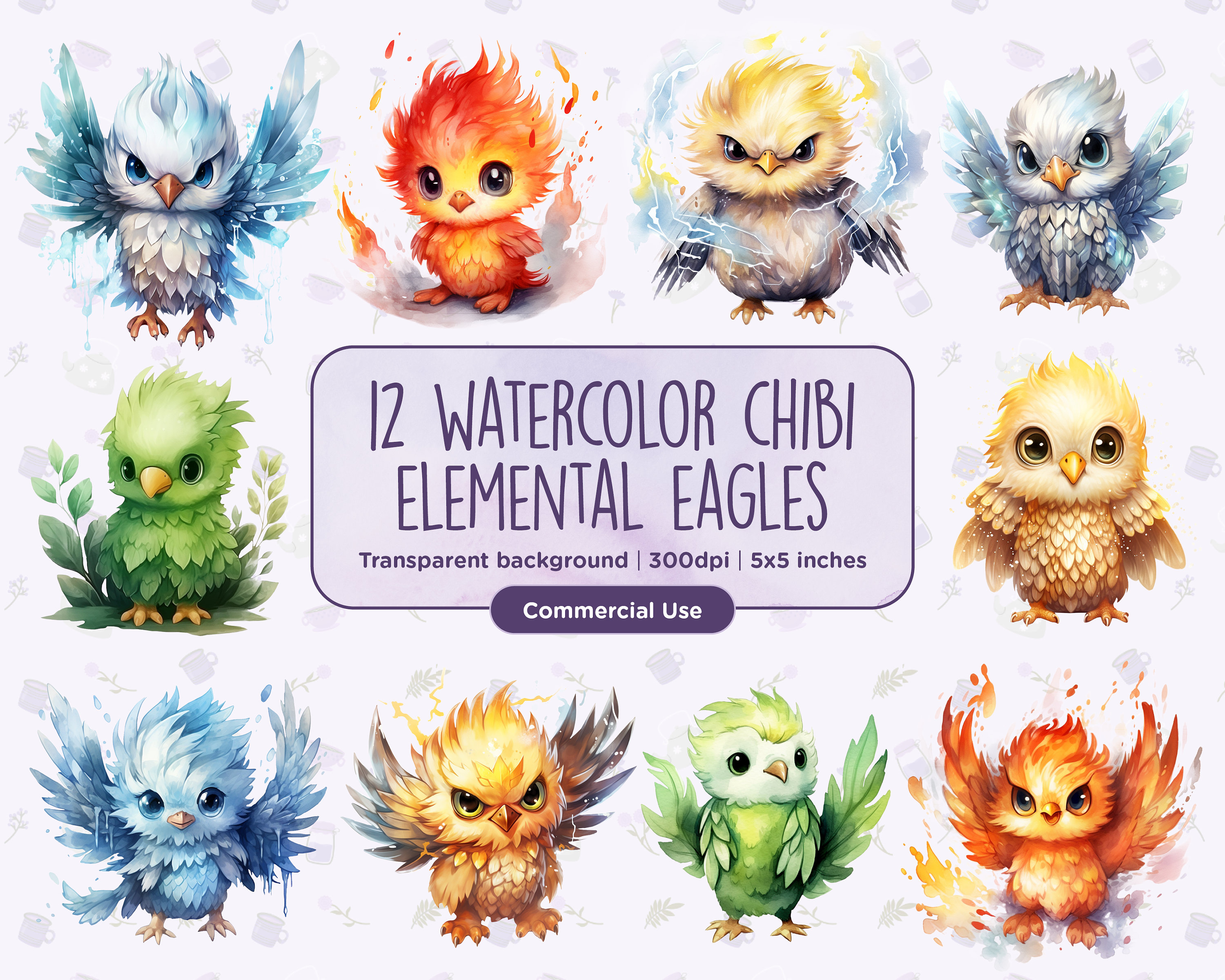 12 Watercolor Illustrated Chibi Elemental Eagles Clipart - Ice, Fire ...