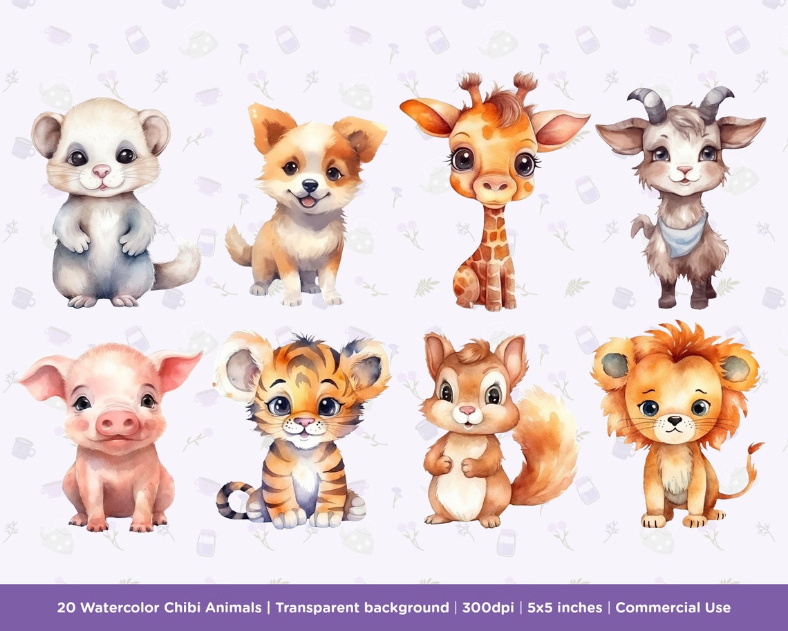 20 Watercolor Chibi Animals Clipart - Cute, Chibi, Childrens Book ...