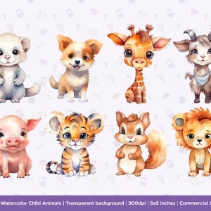 20 Watercolor Chibi Animals Clipart - Cute, Chibi, Childrens Book ...