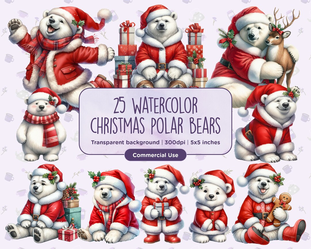 25 Watercolor Christmas Polar Bears Clipart - Cute Polarbear Winter ...