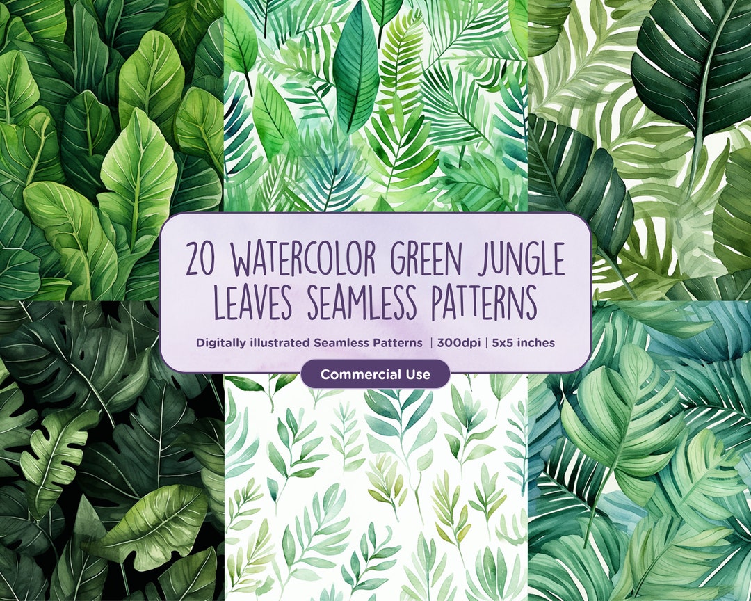 20 Watercolor Green Jungle Leaves Seamless Patterns - Jungle, Safari ...