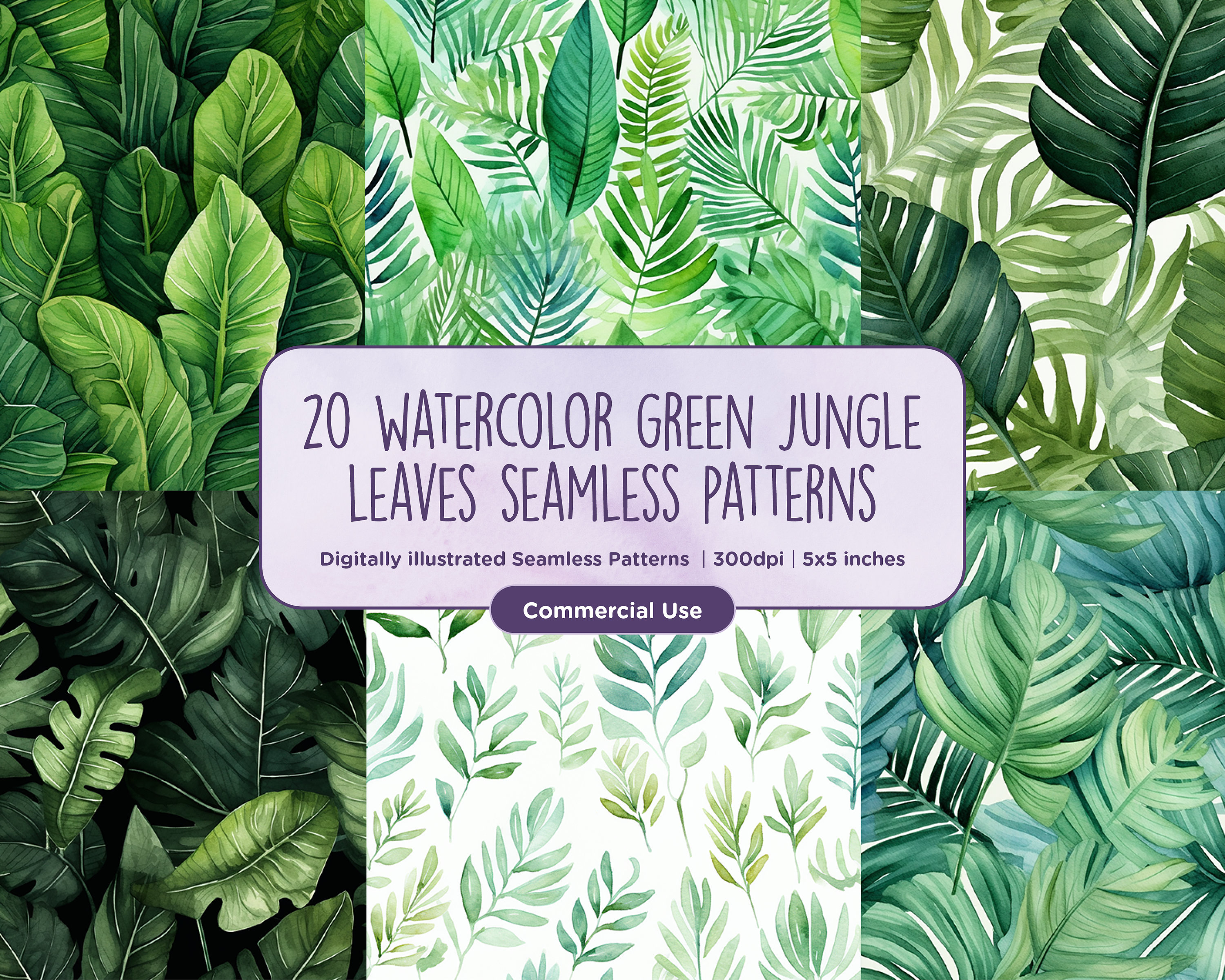 20 Watercolor Green Jungle Leaves Seamless Patterns - Jungle, Safari ...