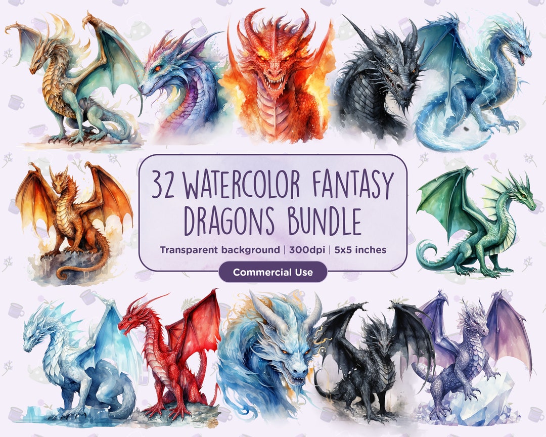 32 Watercolor Fantasy Dragons Clipart - Magical, Medieval, Fairy Tales ...