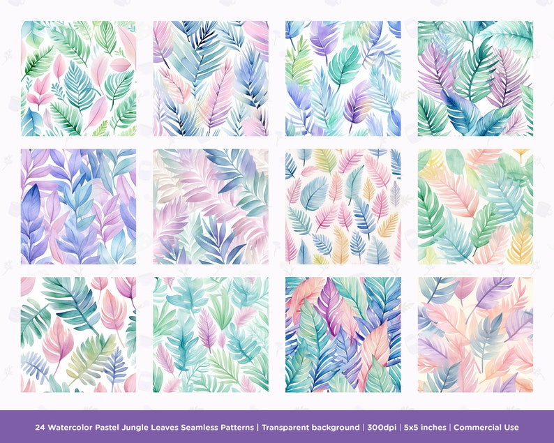 24 Watercolor Pastel Jungle Leaves Seamless Patterns - Kids, Safari ...