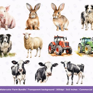 48 Watercolor Farm Clipart - Farm Animals, Cows, Horses, Chickens, Hen ...