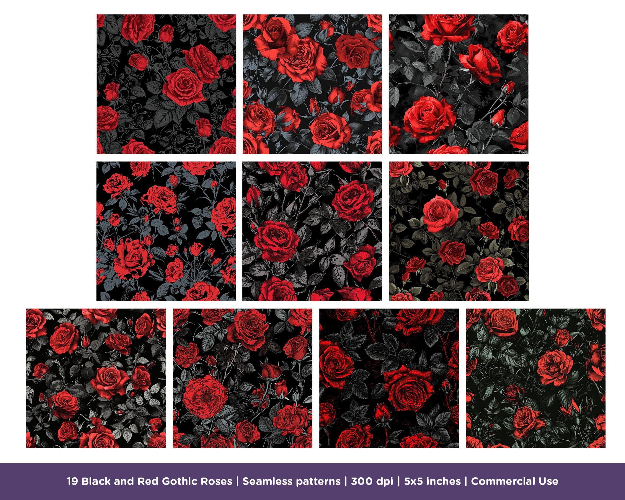 22 Watercolor Black and Red Gothic Roses Seamless Patterns - Goth ...
