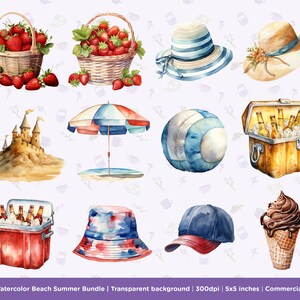 42 Watercolor Beach Summer Clipart - Ice Cream, Cocktails, Surfing ...