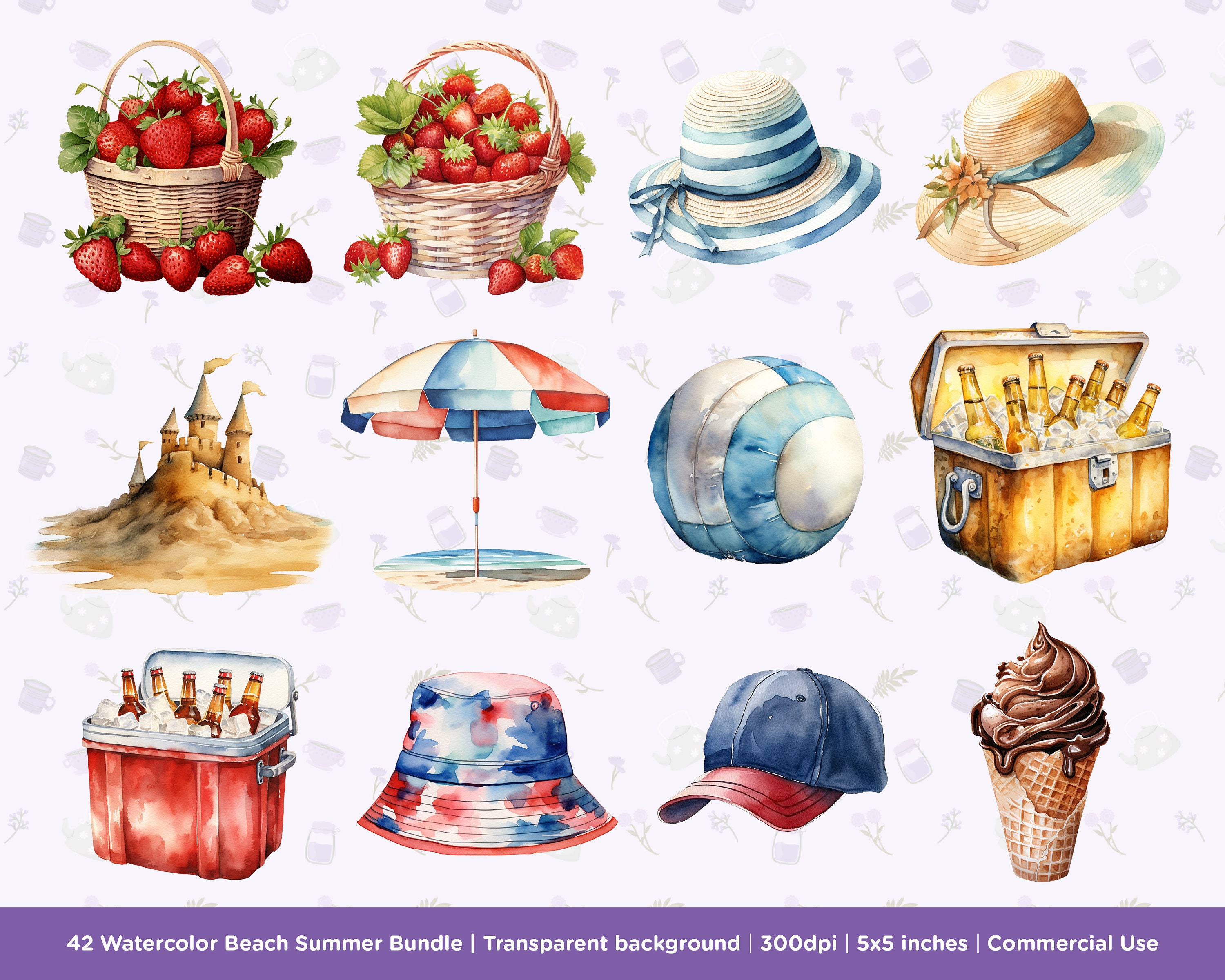 42 Watercolor Beach Summer Clipart Ice Cream, Cocktails, Surfing, Beach ...