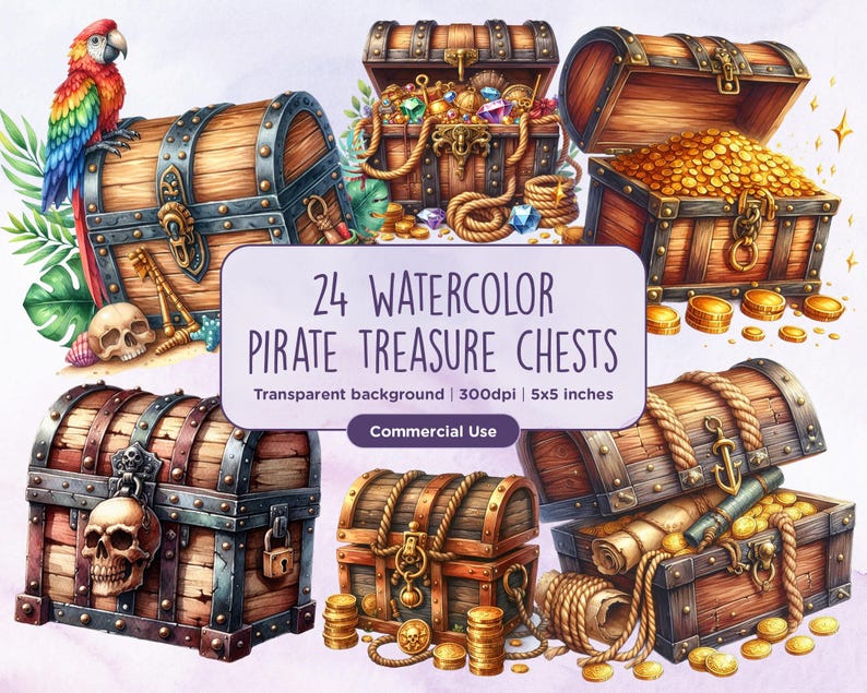 24 Watercolor Pirate Treasure Chests Clipart - Gems, Diamonds ...