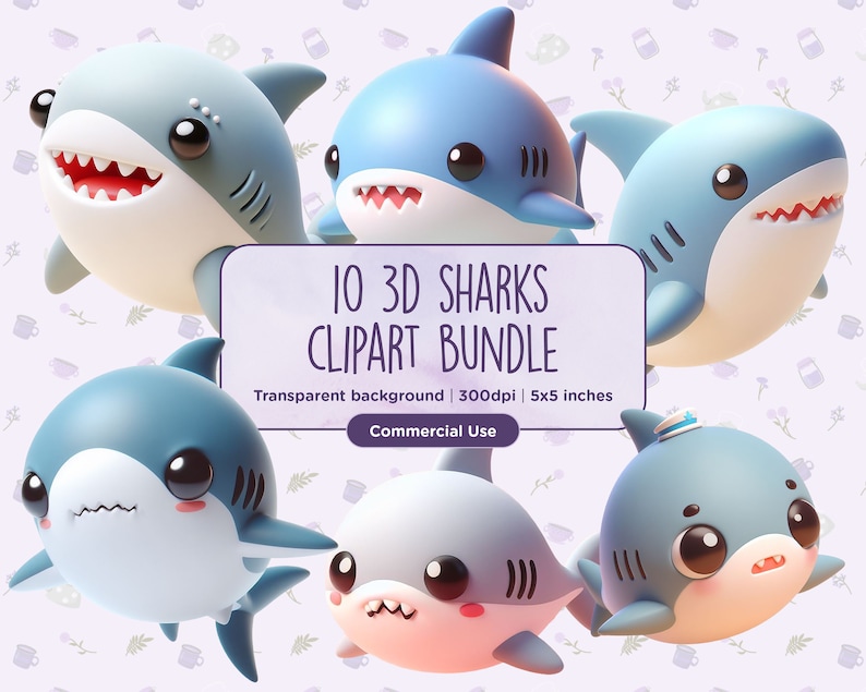 10 3D Sharks Clipart - Cute, Cartoon Characters, Great White Shark, Sea ...