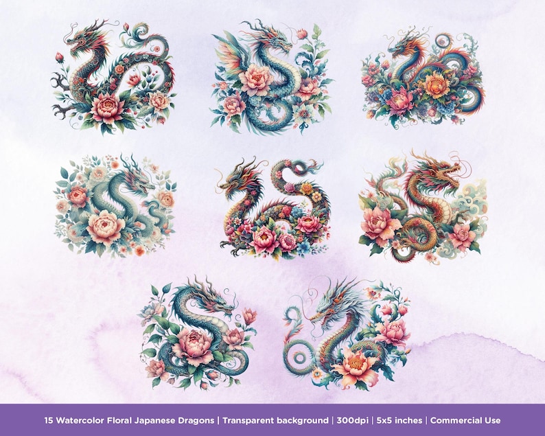15 Watercolor Floral Japanese Dragons Clipart - Eastern, Art Nouveau ...