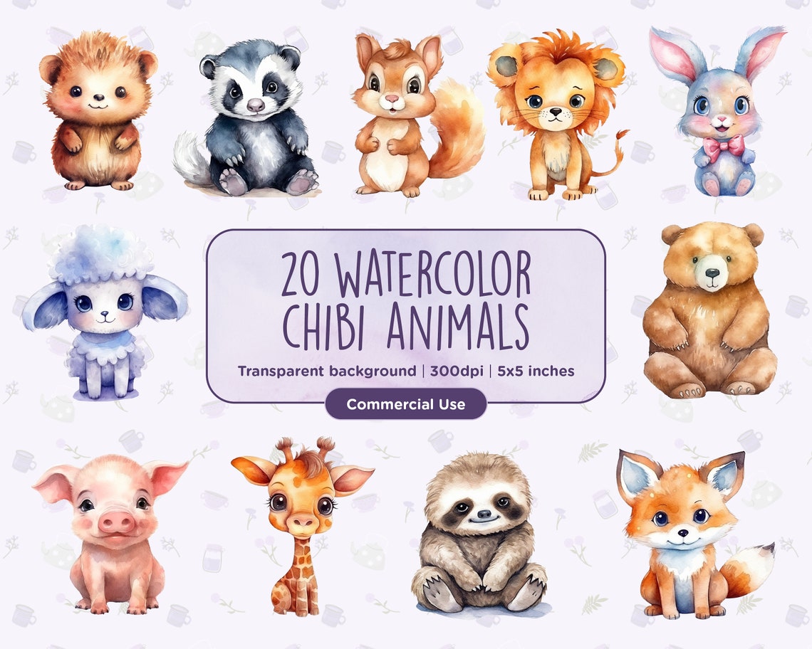20 Watercolor Chibi Animals Clipart - Cute, Chibi, Childrens Book ...